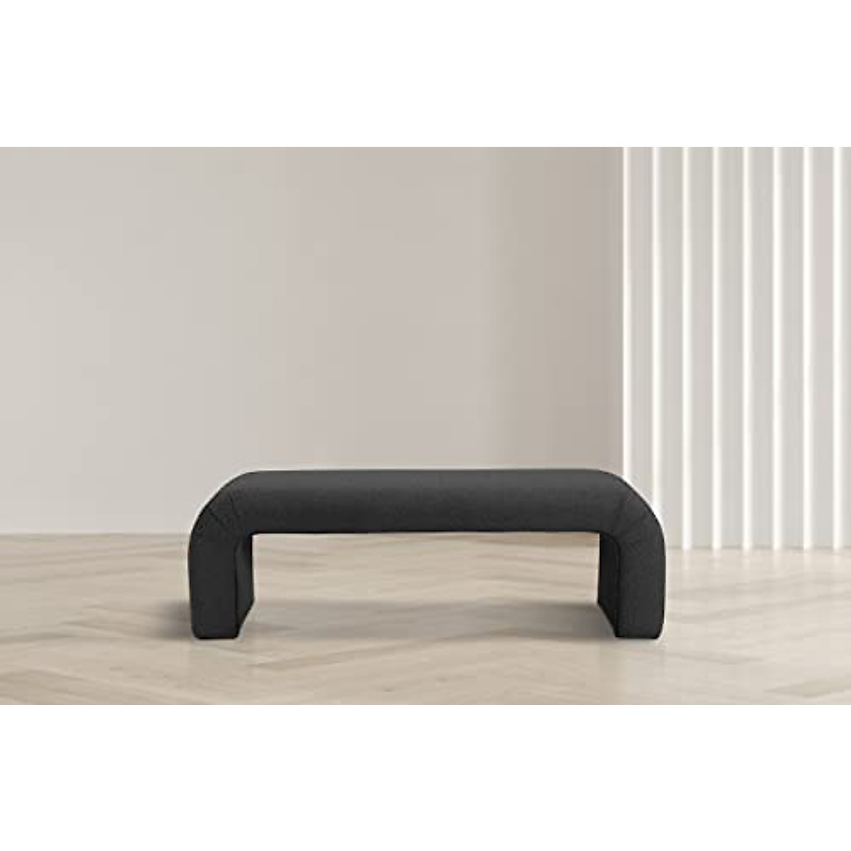 Meridian Furniture Niagara Collection Modern Upholstered Bench with Rich Boucle Fabric, Curved Contemporary Design, 52" W x 15.5" D x 17.5" H, Black