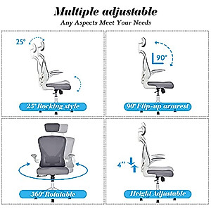 Dedeo Ergonomic Office Chair, Home Office Computer Chair, High Back Mesh Desk Chair with Adjustable Lumbar Support and Headrest, Tilt Function, Thick Seat Cushion Breathable Mesh Computer Chair