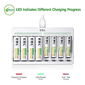 EBL Rechargeable AA Batteries 2800mAh 8 Pack and 8-Bay AA AAA Individual Rechargeable Battery Charger with 5V 2A USB Fast Charging Function