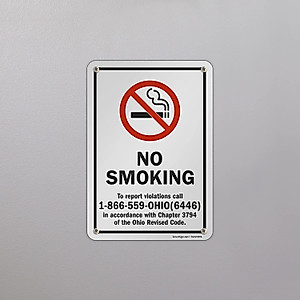 SmartSign 10 x 7 inch “No Smoking - to Report Violations Call 1-866-559-Ohio(6446) in Accordance with Chapter 3794” Ohio State Sign, Digital Printing, 55 mil HDPE Plastic, Red, Black and White