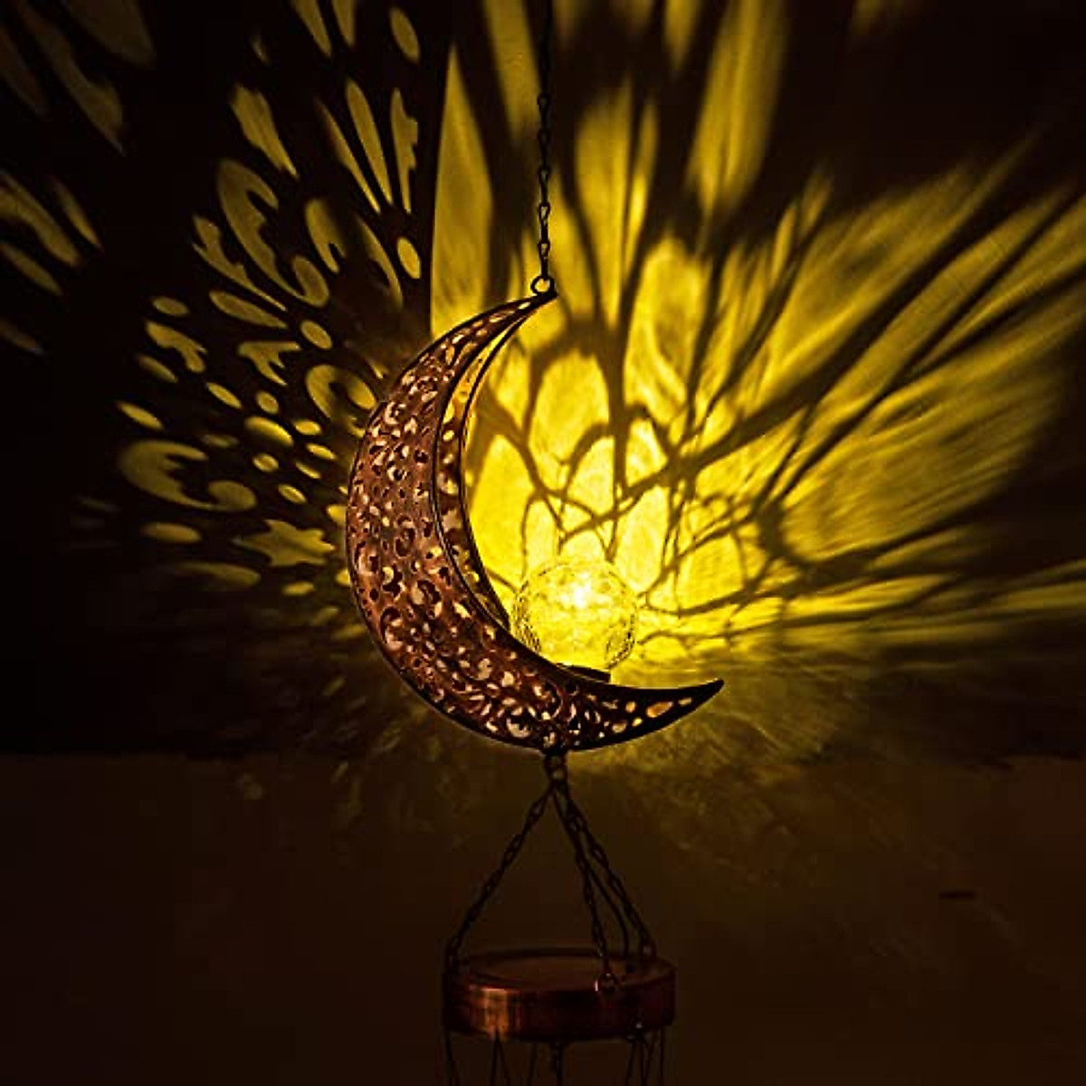 LeiDrail Solar Wind Chimes, Moon Wind Chime Crackle Glass Ball Warm LED Light, Outside Hanging Outdoor Decor with Metal Tubes Unique Memorial Sympathy Gift for Wife Mom Grandma