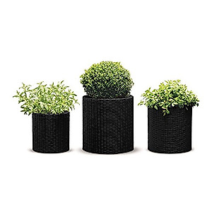 Keter Resin Wicker Cylinder Flower Pot Set of 3 Small, Medium, and Large Planters with Drainage Plugs for Outdoor or Indoor Plants, Charcoal Grey