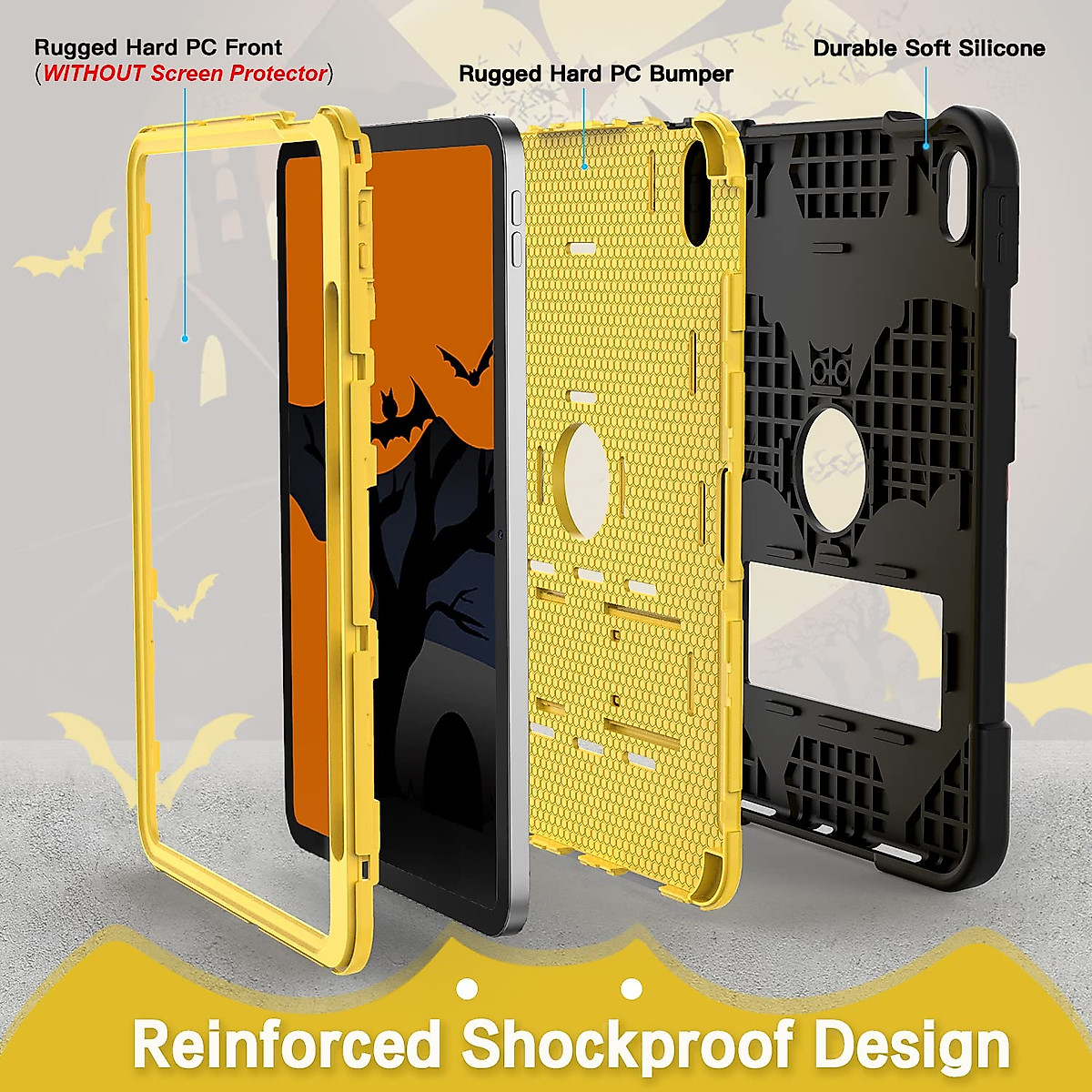 YIMIKOL Case for ipad 10th Generation Case Kids 10.9 inch 2022, Slim Heavy Duty Shockproof Rugged Protective Cover with Built-in Stand for iPad 10th Case 10.9'' for Kids Boys Girls, Black+Gold