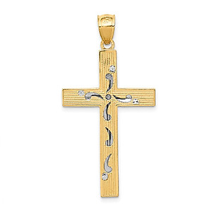 Solid 14k Yellow and White Gold Two Tone Diamond-cut Cross Pendant Charm - 38mm x 19mm