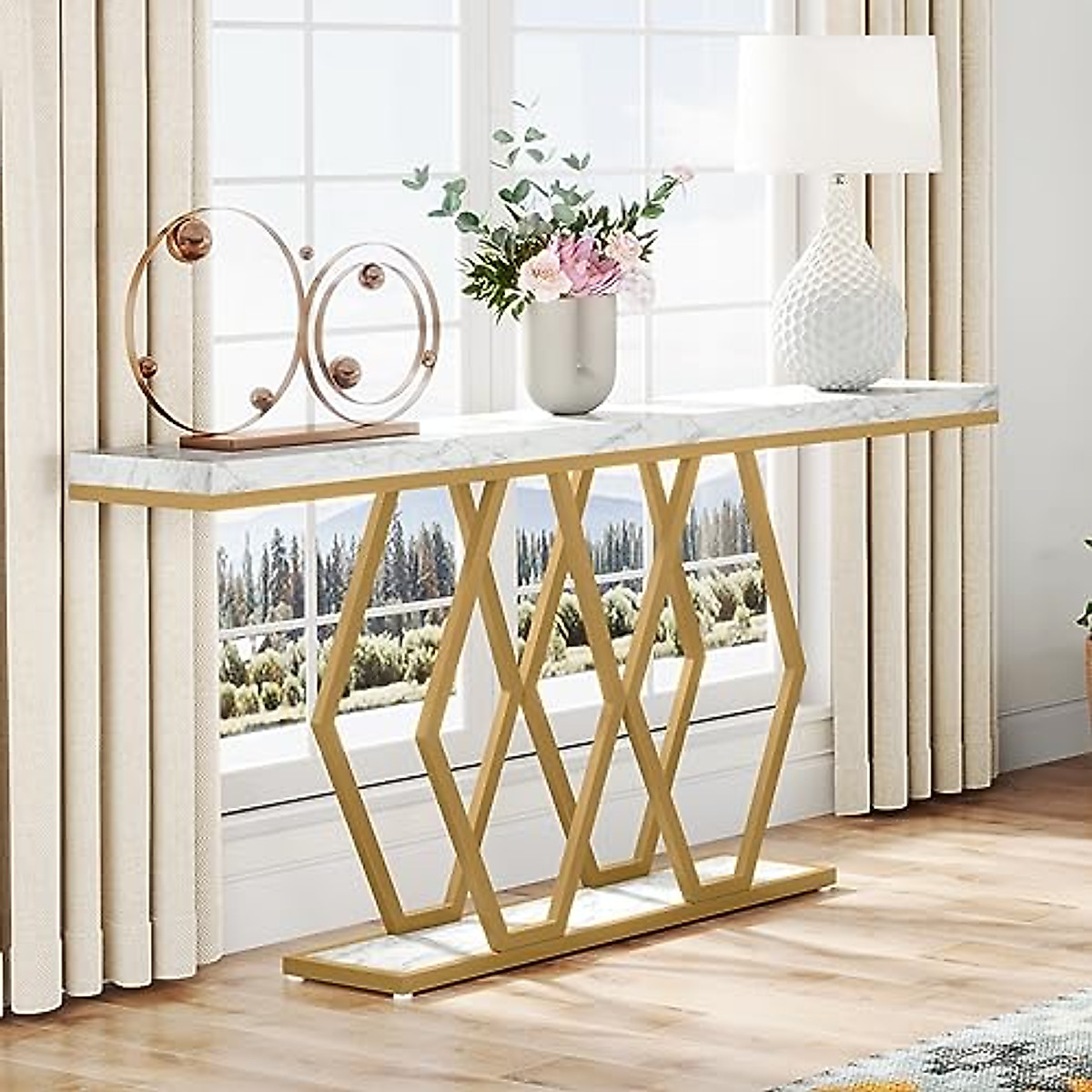 Tribesigns Console Table for Entryway Living Room, 55 Inch Gold Entryway Table Modern Accent Table for Hallway Entrance Foyer (Gold White)