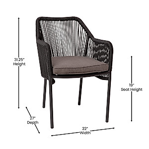 Flash Furniture Kallie Set of 2 Indoor/Outdoor Stacking Club Chairs with Arms - UV Resistant Woven Black Seat & Back - Gray Zippered Cushions - Black Aluminum Frame