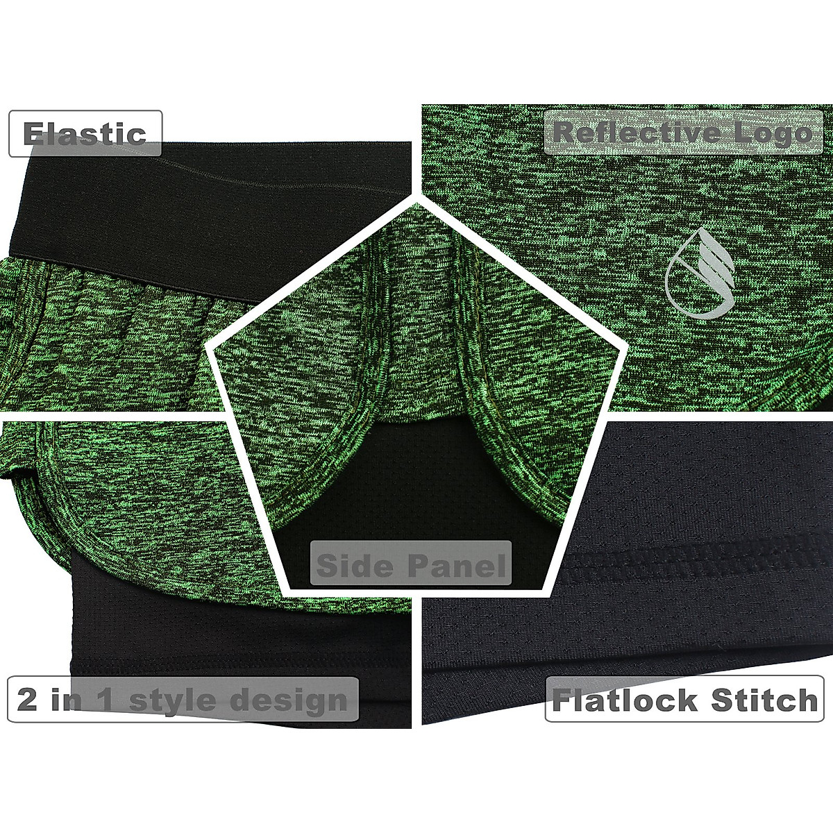 icyzone Running Yoga Shorts for Women - Activewear Workout Exercise Athletic Jogging Shorts 2-in-1 (Black Heather/Green Heather, L)