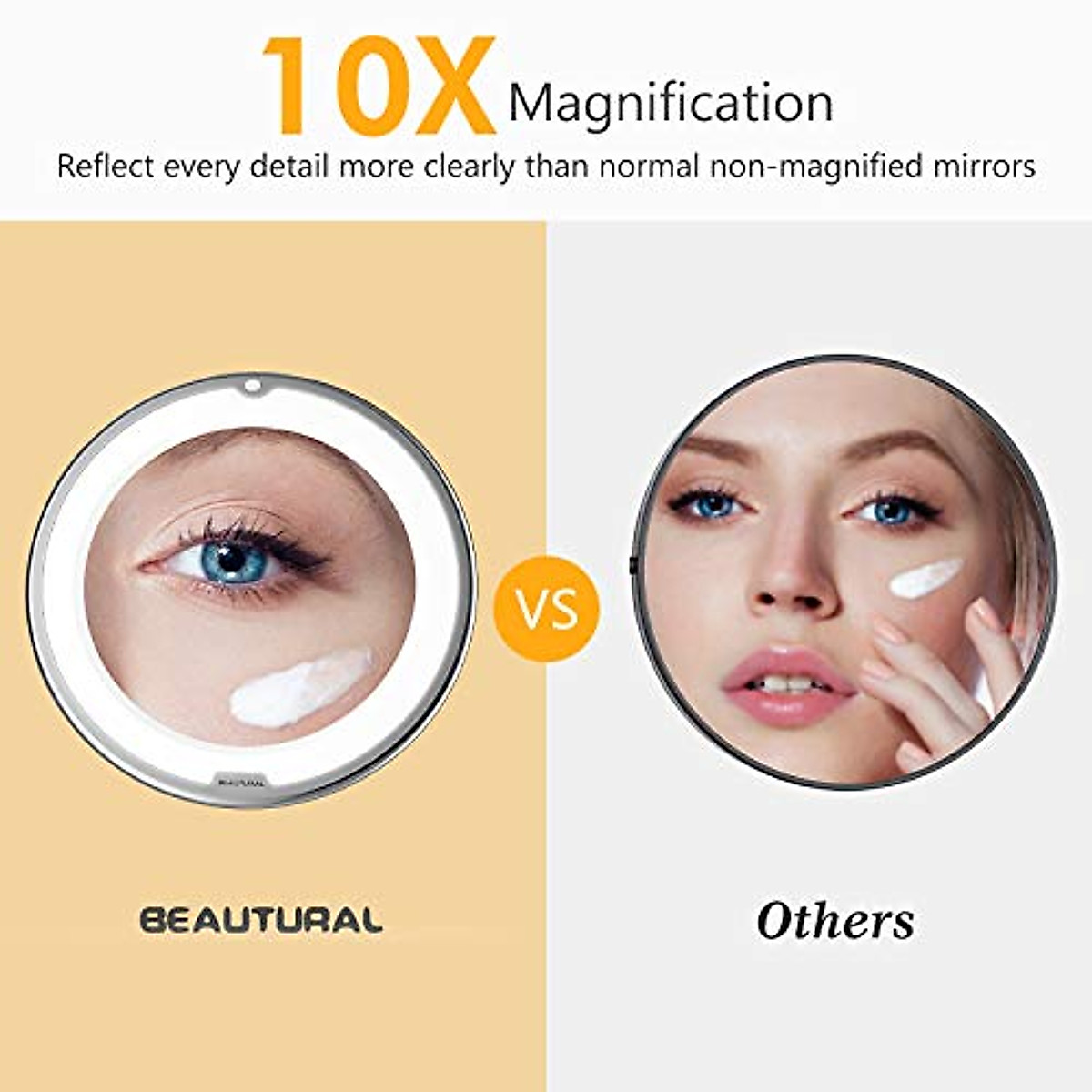 Beautural 10X Magnifying Makeup Mirror with LED Lights, Lighted Magnifying Vanity Makeup Mirror for Home Tabletop Bathroom Shower Travel, 360 Degree Rotation, Powerful Suction Cup
