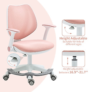 HOMEFUN Kids Desk Chair, Computer Chairs with Armrest and Footrest for Boys Girls Cute Mesh Ergonomic with Adjustable Height Swivel Safe Sit-Locking Casters Pink