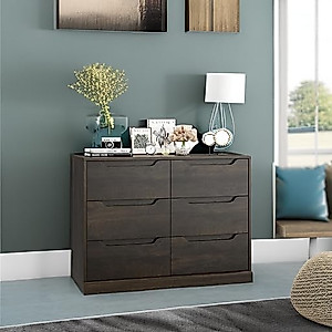 HOSTACK Modern 6 Drawer Dresser for Bedroom, Double Chest of Drawers with Storage, Large Wooden Storage Dresser Organizer with Cut-Out Handle, Accent Storage Cabinet for Living Room, Dark Brown