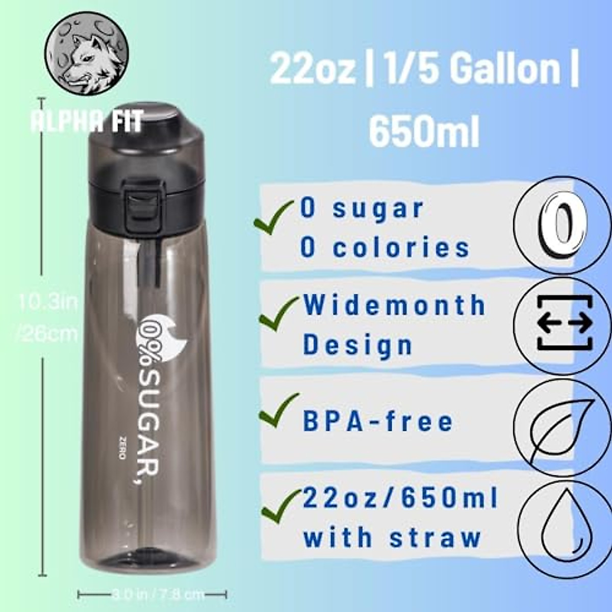Alpha Fit Scent Water Bottle Starter Set, Water Bottle with Flavor Pods, Water Bottle for School Kids, Black Water Bottle (Black - 1 bottle (22 oz/650 ml) + 3 pods in random flavors)