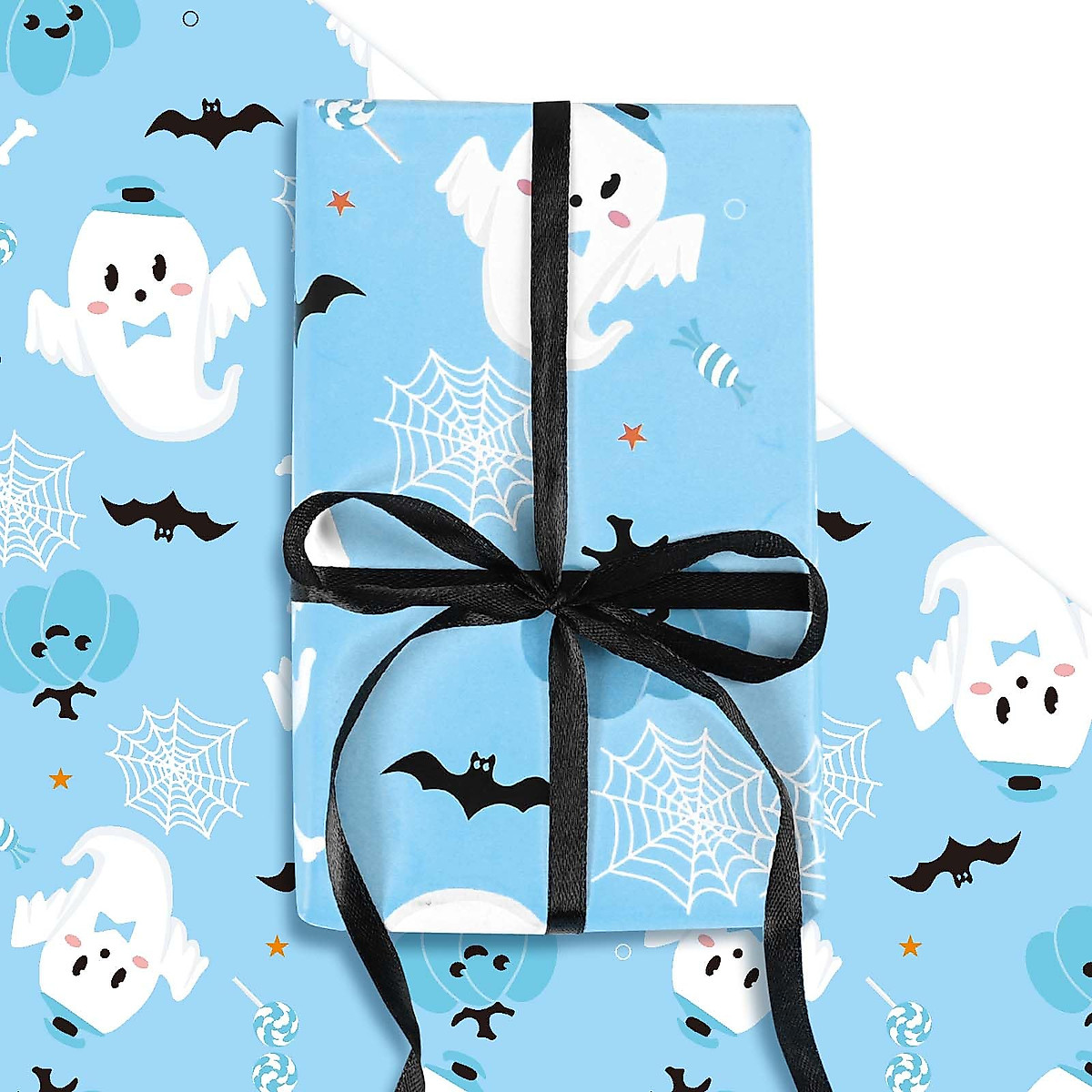 12 Sheets Halloween Wrapping Paper Blue Ghost Pumpkin Bat Printed Gift Wrap Paper Folded Flat Art Decorative Paper for Happy Boo Day Gifts Wrapping Baby Shower DIY Crafts, 19.7 x 27.5 inch