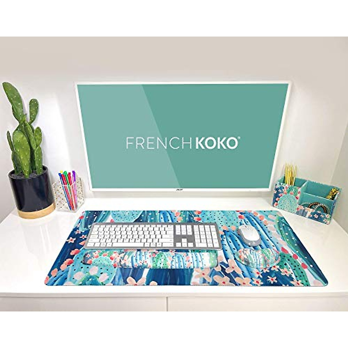 French Koko Large Mouse Pad Long Desk Mat Keyboard Pad Desktop Accessories Home School College Decor Supplies Pretty Extended Mousepad Big Office Essentials Women Girls XL Plant Pink Green Cute Cactus