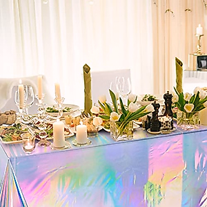 4 Pack Iridescence Plastic Tablecloths Shiny Disposable Laser Rectangle Table Covers Holographic Foil Tablecloth Iridescent Party Decoration Birthday Bridal Wedding Christmas 54" x 108"(Laser)