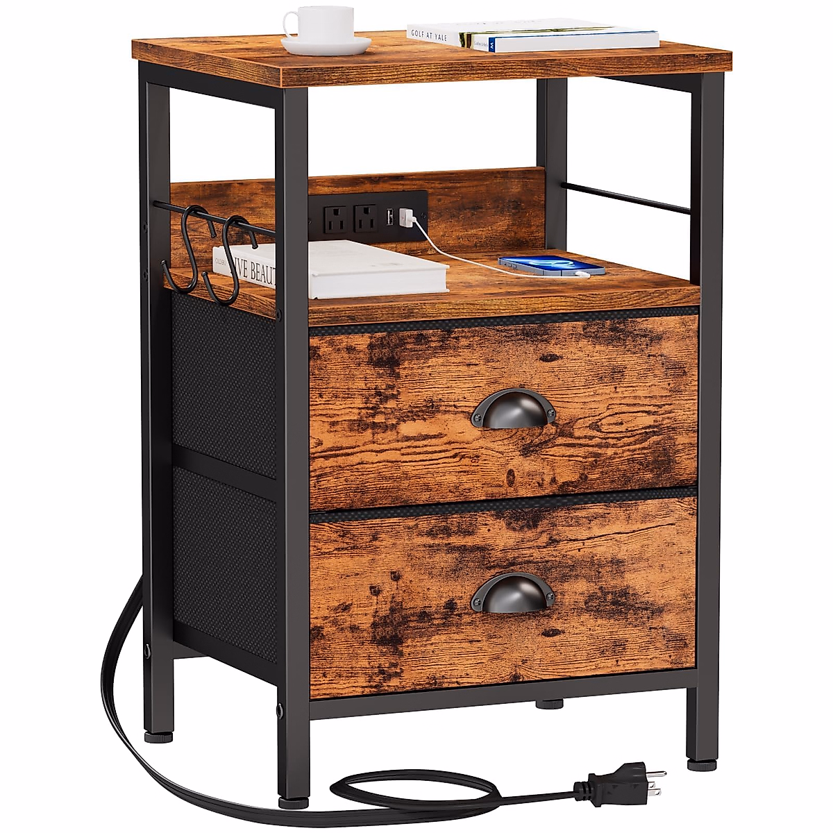 Furologee End Table with Charging Station, Nightstand with Fabric Drawers, Side Table with USB Ports & Outlets, Night Stand with Storage Shelf & Hooks, for Living Room/Bedroom, Rustic Brown