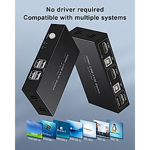 Rybozen KVM Switch HDMI 2 Port Box,USB Switch selector with 4 USB 2.0 Hub Share 2 Computers, UHD 4K@30Hz, Support Wireless Keyboard and Mouse, Powered by USB,with 2 HDMI and 2 USB Cables