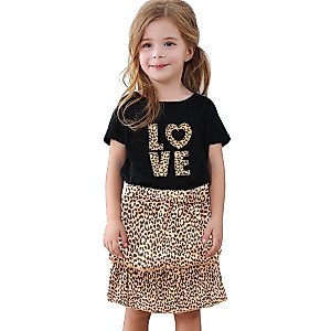 Girls Summer Outfits Two Piece Letter Print Short Sleeve Shirt Cheetah Layered Skirt Picture Day Outfits for School 7t