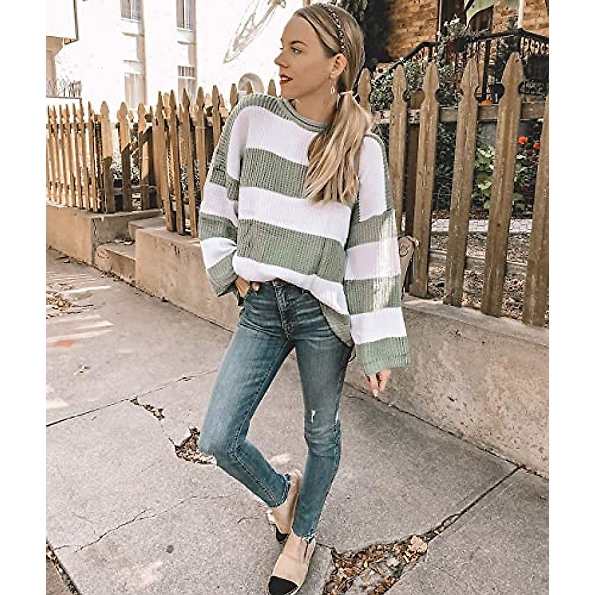 ZESICA Women's 2023 Fall Long Sleeve Crew Neck Striped Color Block Comfy Loose Oversized Knitted Pullover Sweater,Green,Small
