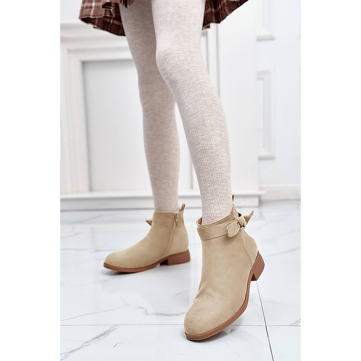 Coutgo Girls Toddler Bow knot Ankle Boots Low Chunky Heel Side Zipper Cute Dress Booties Little Big Kid, Beige, size 2