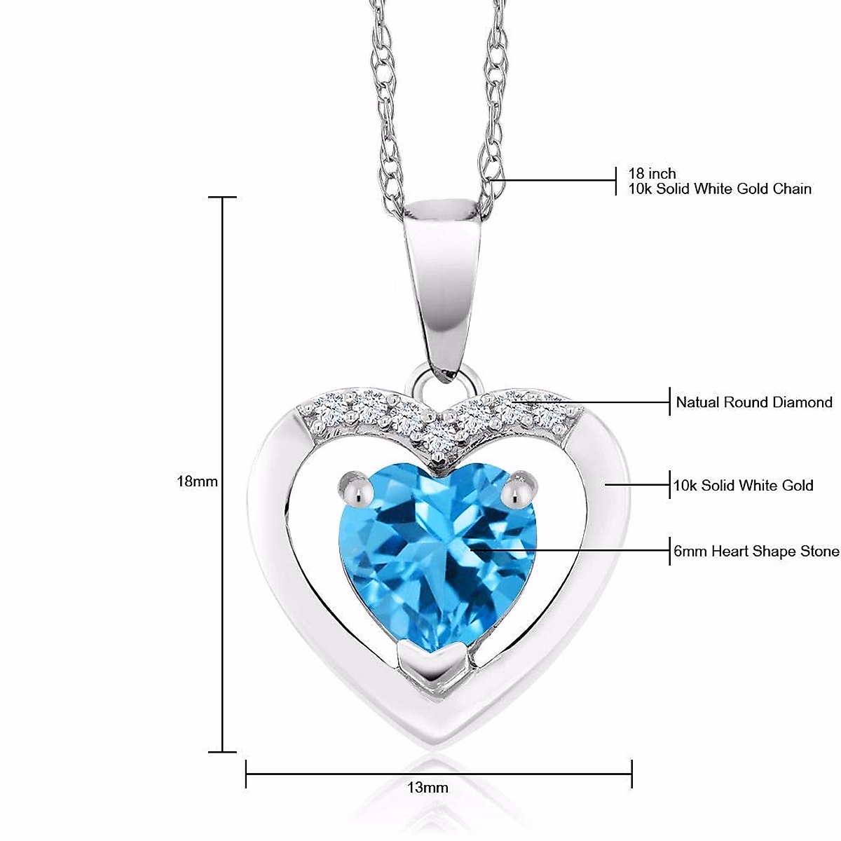 Gem Stone King 10K White Gold 6MM Heart Shape Gemstone Birthstone and White Diamond Pendant Necklace | Gold Necklace for Women | With 18 Inch Chain