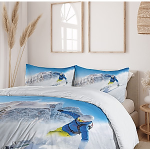 Ambesonne Winter Duvet Cover Set, Skier Skiing Downhill in High Mountains Extreme Winter Sports Hobby Activity, Decorative 2 Piece Bedding Set with 1 Pillow Sham, Twin Size, Blue White Yellow