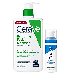CeraVe Hydrating Face Wash and Hyaluronic Acid Serum with Vitamin B5 Set | 19oz Face Wash + 1oz Serum | Hydrating for Dry Skin | Fragrance Free