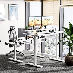 Kemon Electric Standing Desk with Monitor Stand, 55 x 24 Inch Height Adjustable Sit Stand up Desk, Home Office Computer Workstation with Cup Holder and Hook, Stand Table for Work, White