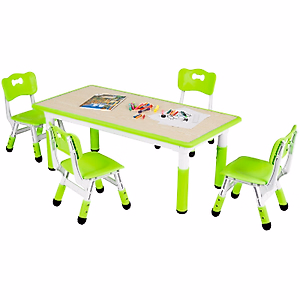 Arlopu Kids Table and 4 Chair Set, Height Adjustable Toddler Table and Chair Set, Non-Slip Legs, Graffiti Desktop, Large Children Activity Table, Reading Daycare Classroom Home (Green)