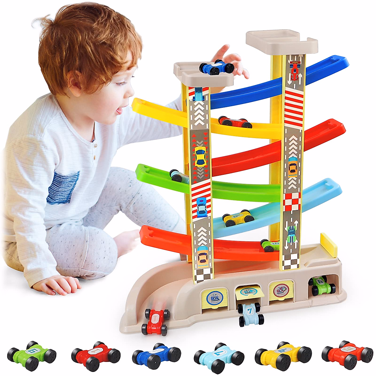 Montessori Toys for 2 3 Year Old Boys Toddlers, Car Ramp Toys with 6 Cars & Race Tracks, Garages and Parking Lots, Ramp Racer Toy Gift for Boys Girls Age 18 Months and Up, Multicolor