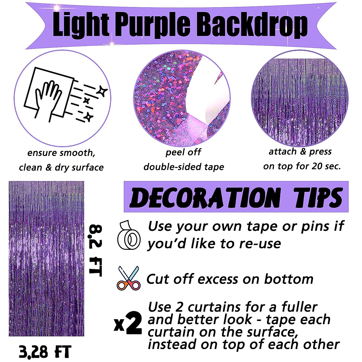 4 Pack 3.2Ft x 8.2Ft Light Purple Fringe Curtain Backdrop, Sparkle Metallic Tinsel Foil Fringe Streamers Background for Photo Booth Birthday Wedding Baby Shower Halloween Christmas Party Decorations