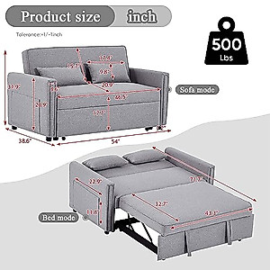 Antetek Sleeper Sofa Couch Bed, 54" Modern Linen 3 in 1 Convertible Loveseat Sleeper with Pullout Bed, Small Love seat Futon Sofa w/Adjustable Backrest for Living Room Bedroom, Light Grey