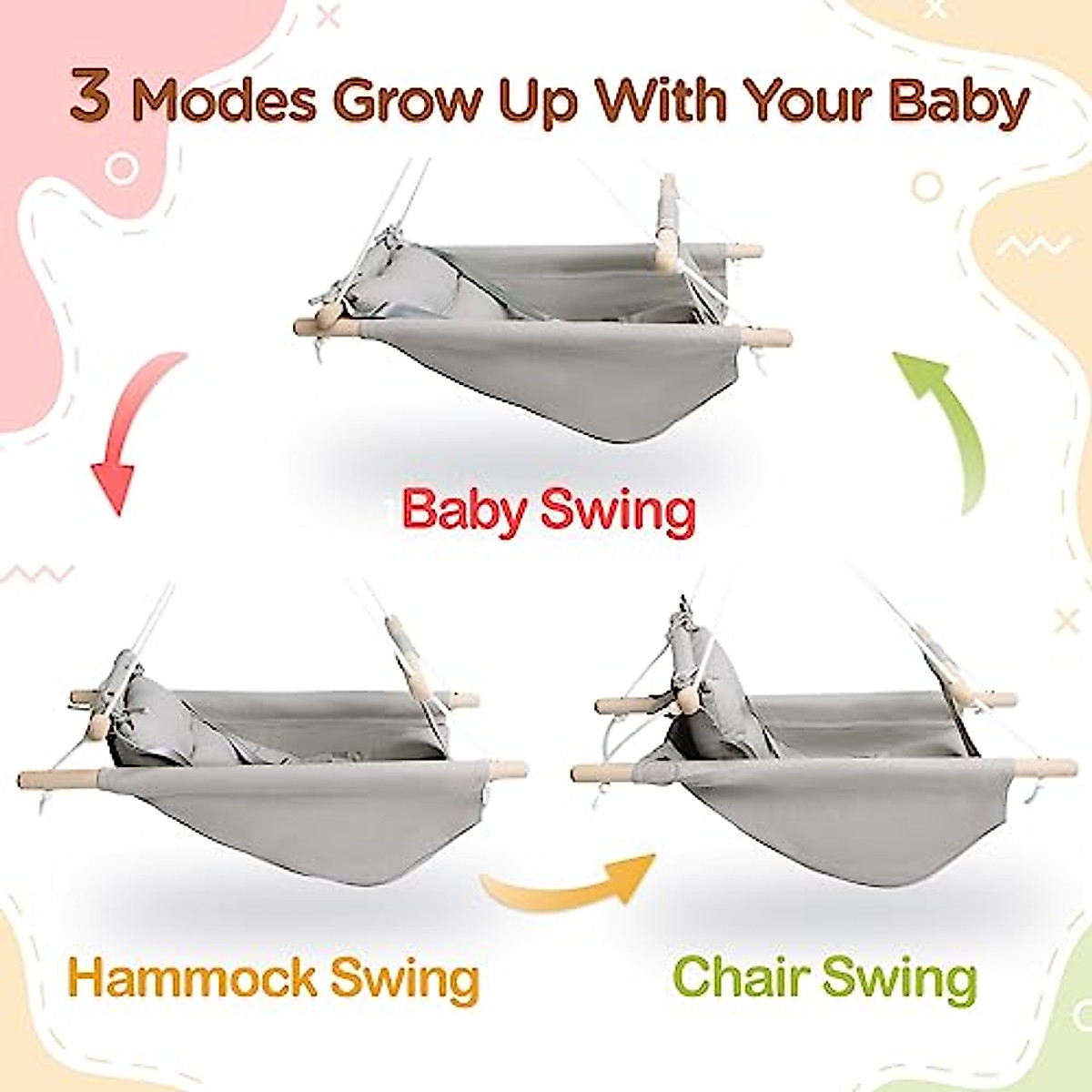 Baby Swing Indoor and Outdoor, Canvas Hammock Swing for Baby to Toddler with a Comfortable Seat, Macaroon Wooden Toy, Adjustable 5-Point Harness,3 Modes,Gift for Baby Boys Girls, Grey