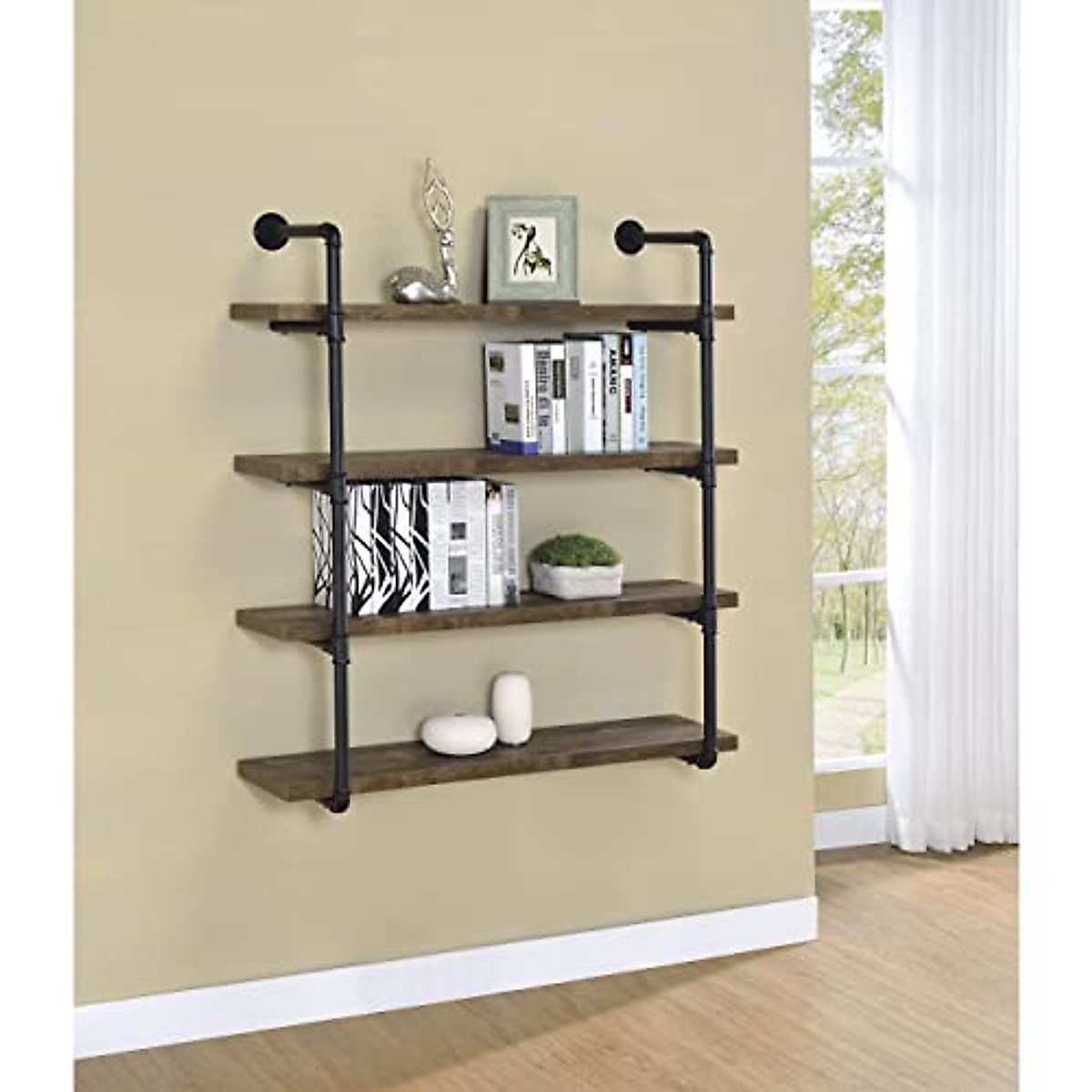 Overstock Condou Black Metal 40-inch Wall Shelf Grey Driftwood Oak Finish, Wood Finish