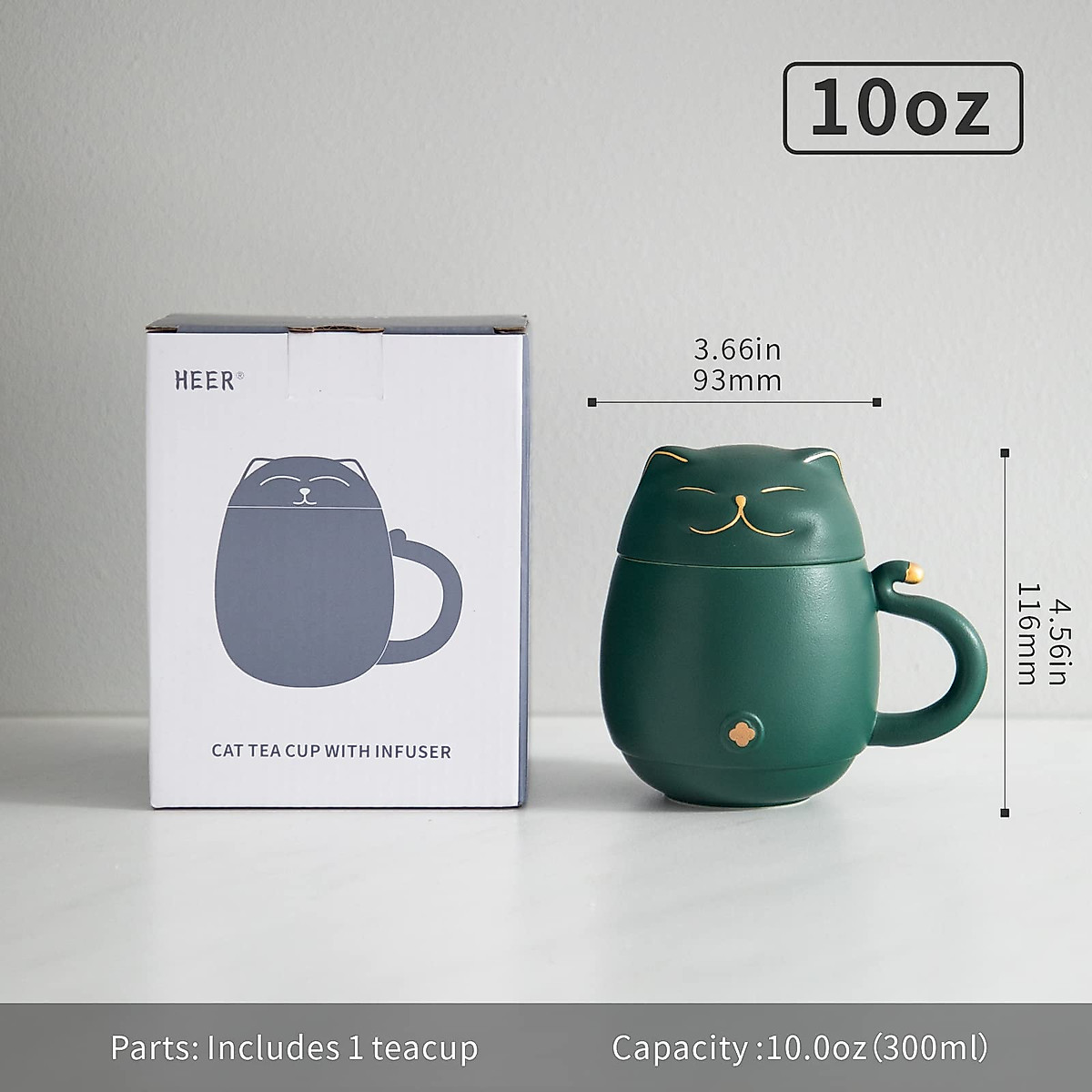 HEER Ceramic Tea Cup with Infuser and Lid, Cute Lucky Cat Coffee Mug Gift for Cat Lovers, Chinese Loose Leaf Tea Steeper. (Green)