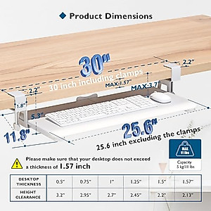 BONTEC Keyboard Tray Under Desk, Pull Out Keyboard & Mouse Tray with C-clamp, 25.6 Excluding Clamps (30 Including Clamps) x 11.8 Inch Steady Slide-Out Computer Drawer for Typing, White