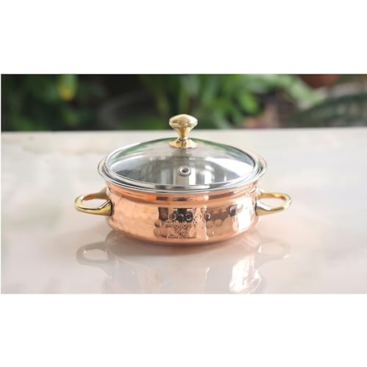 IndianArtVilla Steel Copper Handi Bowl with Brass Handle & Glass Lid, Serving Indian Dishes, 24 OZ