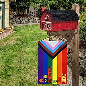 FLAGWIN Progress Pride Flags EVERYONE IS WELCOME HERE 12x18 LGBTQ Garden Rainbow Pride Flag with Vivid Color and Durable Nylon, Inclusive Gay Outdoor Flag for Yard Lawn Wall or Room(Stand not included)
