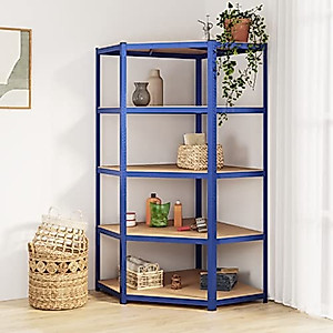 vidaXL Industrial Style Corner Shelf - 5-Layer Storage Unit - Blue Engineered Wood and Galvanized Steel Construction - Fits Any Corner