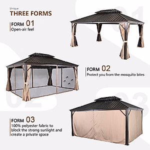 Iwicker 12' x 16' Hardtop Permanent Aluminum Gazebo with Mosquito Netting and Polyester Curtain