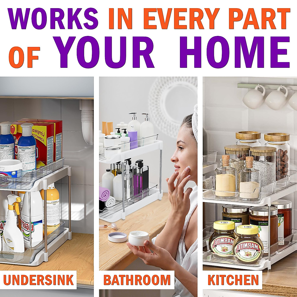 TOPITOP 2 Pack of 2 Tier Under Sink Organizer for Bathroom, Kitchen Sink Organizer Under Cabinet Storage, Pull Out Make Up and Vanity Cabinet Organizers with Movable Dividers