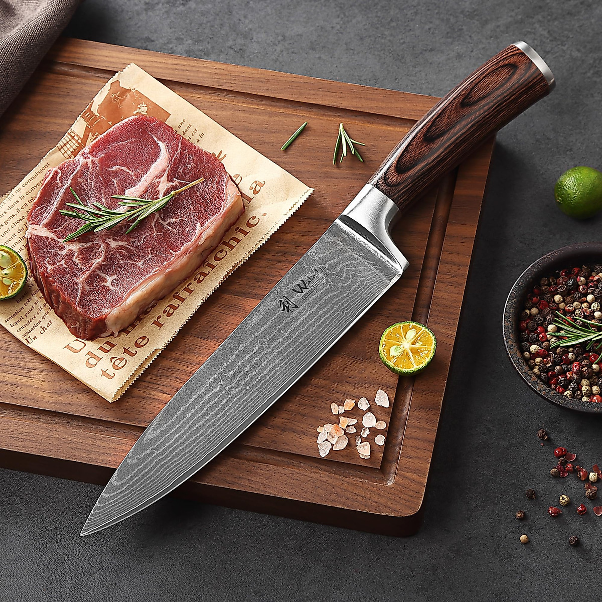 Wakoli Chef Knife, 8-inch Blade Damascus Knife made from 67 Layers of Damascus Steel with VG10 Core, Ergonomic Kitchen Knives with Pakkawood Handle for All Tasks in Gift Box (EDIB)