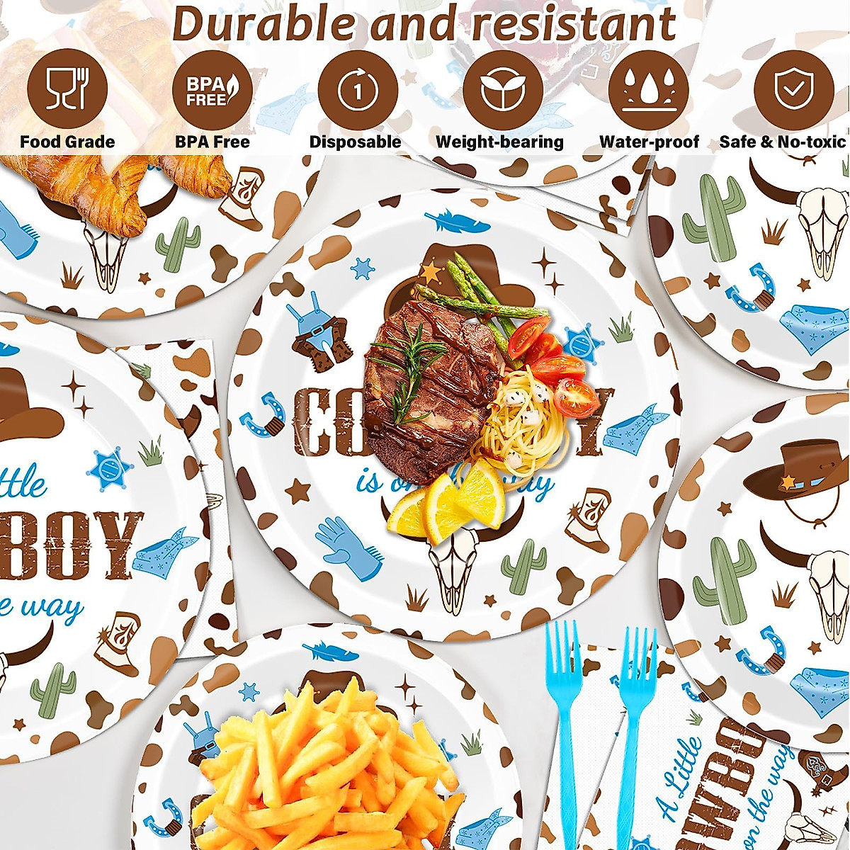 gisgfim 96Pcs Cowboy Baby Shower Plates and Napkins Party Supplies Western Cowboy Party Birthday Tableware Set A Little Cowboy is on the Way Party Decorations for Boy Baby Shower Serves 24