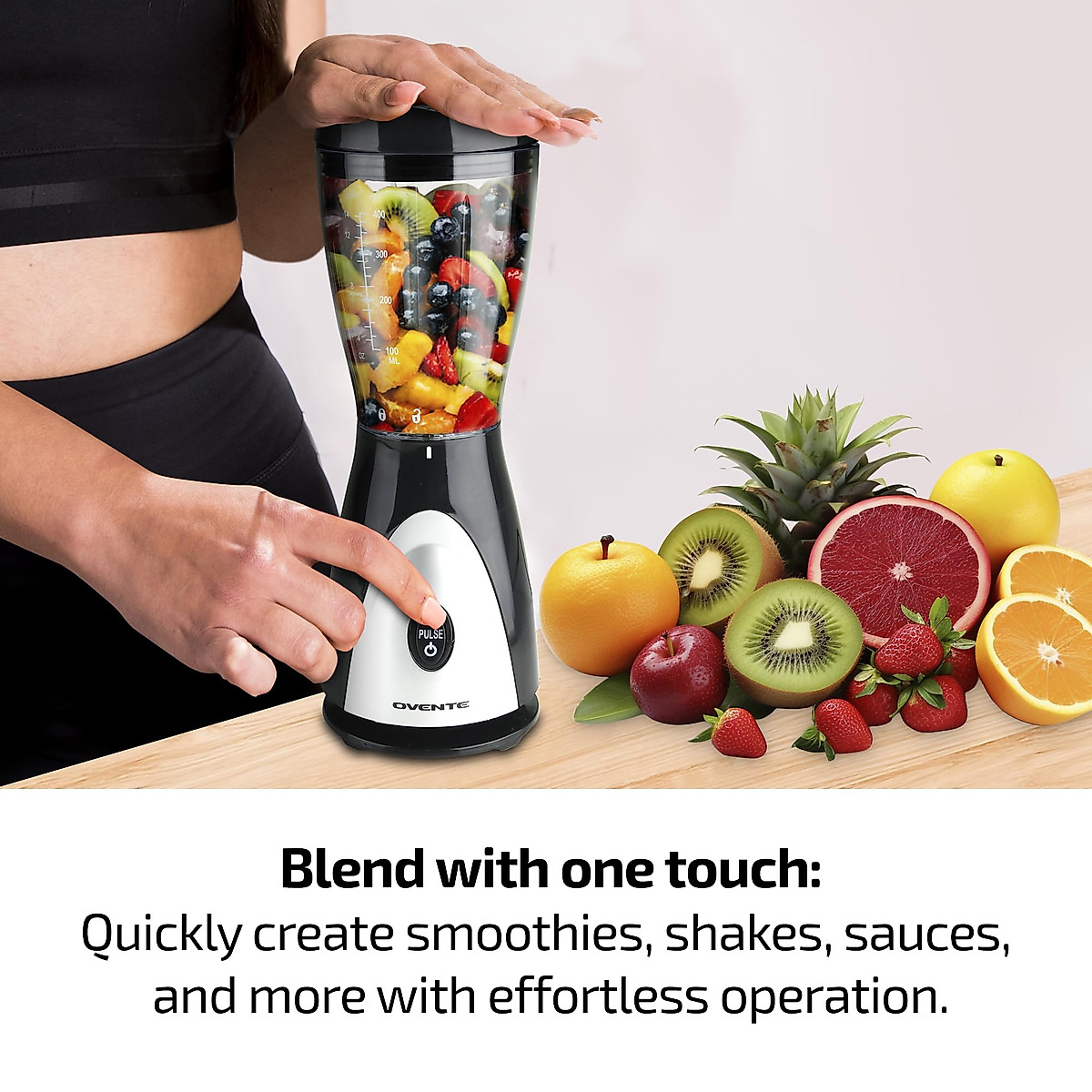 OVENTE Portable Personal Blender for Shakes, Smoothie and Juice with Compact 13.5 Oz BPA Free Travel Cup and Lid, Durable Stainless Steel Blades for Powerful Blending Performance, Black BLH1001B
