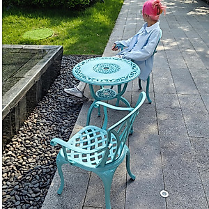 KAILI 3 Piece Bistro Table Set Cast Aluminum Outdoor Patio Furniture with Chair with armrests (Light Blue)