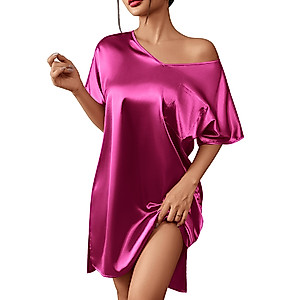 Ekouaer Women's Satin Nightgown Sexy Sleep Dress Silk Nightshirt Loose Satin Nightdress Sleepwear(Hot Pink,X-Large)