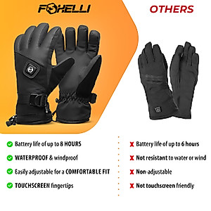 Foxelli Heated Gloves for Men & Women - 3 Heat Settings, Touchscreen Compatible, Rechargeable Waterproof Electric Gloves for Winter Outdoor Sports