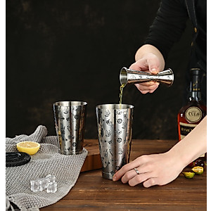 Cocktail Geek Etched Bartender Kit Cocktail Shaker Set-7 Pieces Stainless Steel Etching Bar Tools with Boston Shaker,Bar Spoon,Cocktail Muddler,Double Jigger,Cocktail Strainer,Ice Tongs