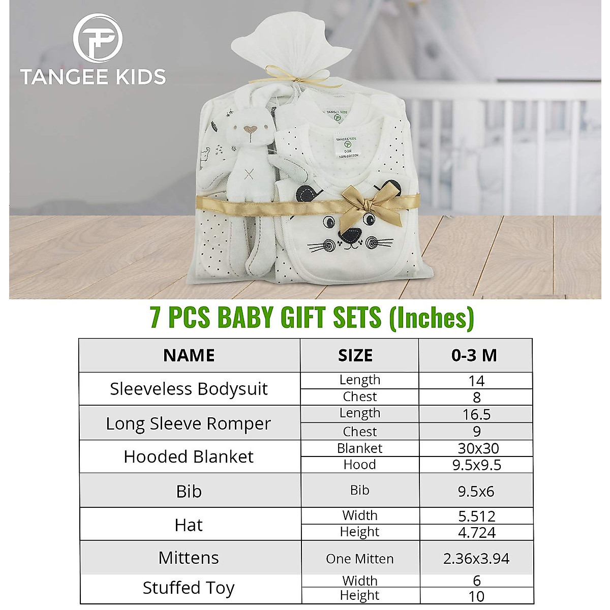 TANGEE KIDS Baby Shower Gift 7 Piece Ivory White (0-3 Months), Newborn Premium Cotton Baby Clothes Boy Girl, Gift Registry, Bodysuits, Bib, Hooded Blanket, Mittens, Hat, Stuffed Toy