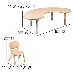 Flash Furniture 35"W x 65"L Half-Moon Natural Plastic Height Adjustable Activity Table Set with 4 Chairs
