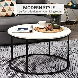 HOMCOM Round Coffee Table, 32 in Modern Center Table with Black Metal Frame, Coffee Tables for Living Room, White